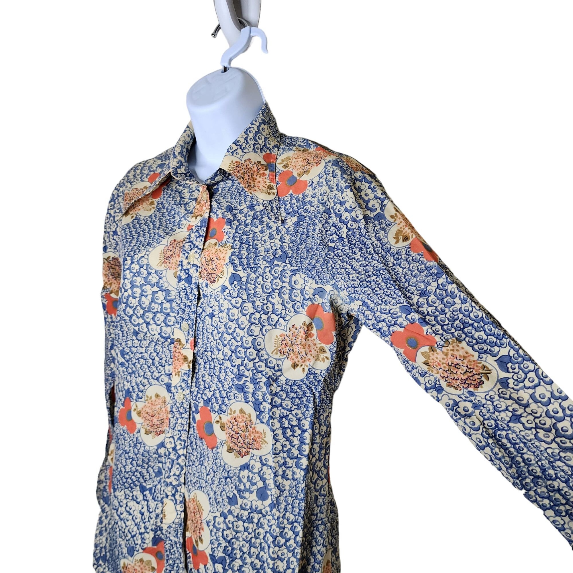 Vintage 70s Butterfly Collar Groovy Disco Button up Shirt Women L Blue ...