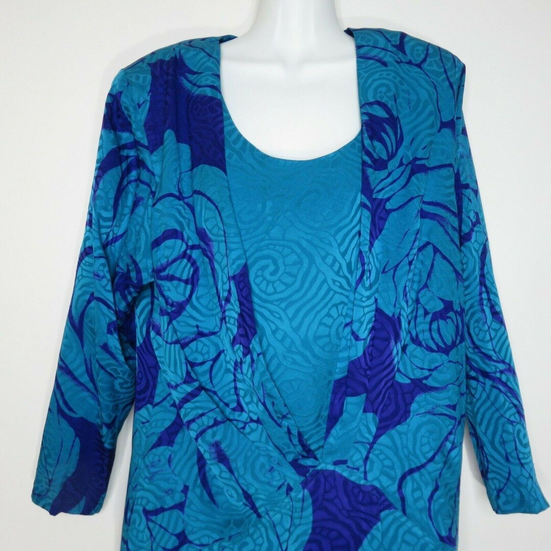 New Vintage 80s St Gillian Silk Dress 12 Turquoise Blue Purple Roses ...