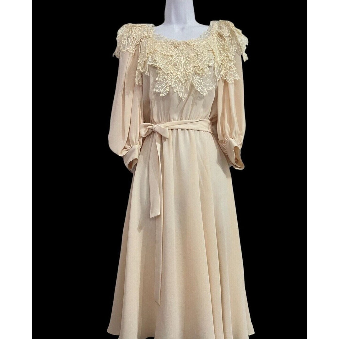 Vintage 80s Miss Ashlee Dress Womens Size Small Peach Chiffon Victorian ...