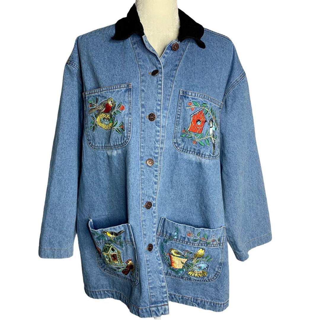 Vintage Denim Shirt Barn Jacket Shacket L Embroidered Birds Pockets - Etsy