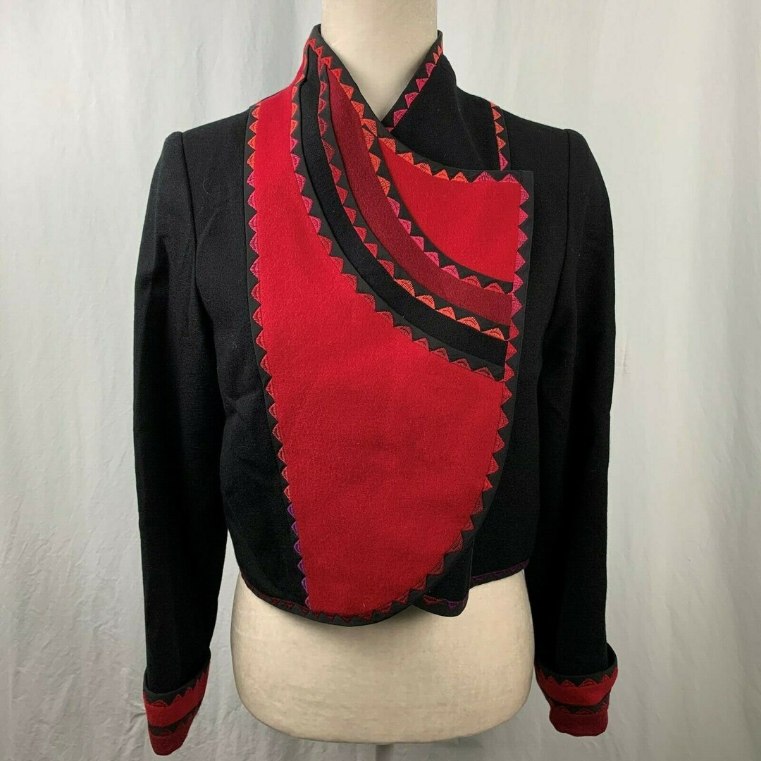 Sarmite Wearable Art Jacket Blazer S Black Red Felt Embroidered Buttons ...