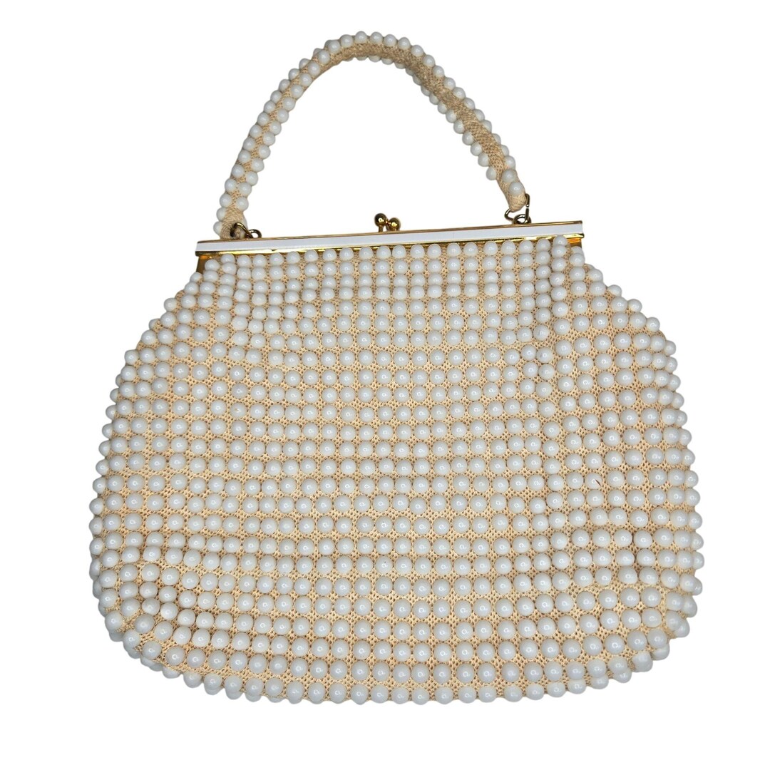 Vintage 60s White Beaded Handbag Purse Pocketbook Mod Gold-tone Kiss ...