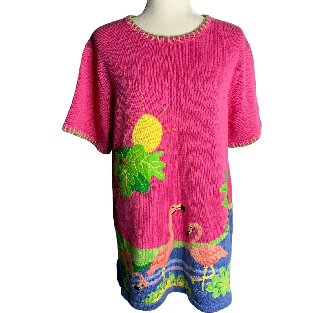 Vintage Quacker Factory Flamingo Sweater L Pink Beaded Short Sleeve ...