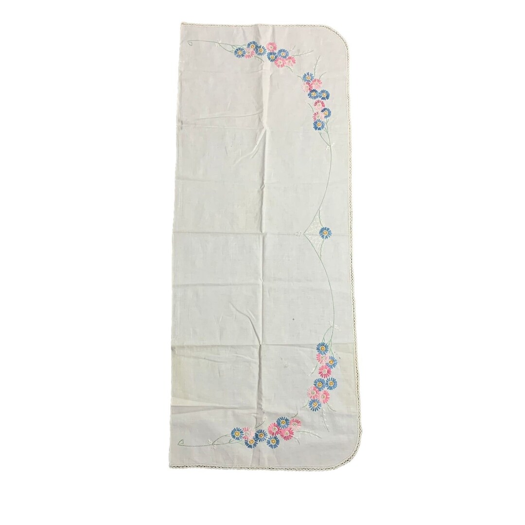 Vintage Hand Embroidered Mantle Scarf Table Runner 45 X 35 White Floral ...