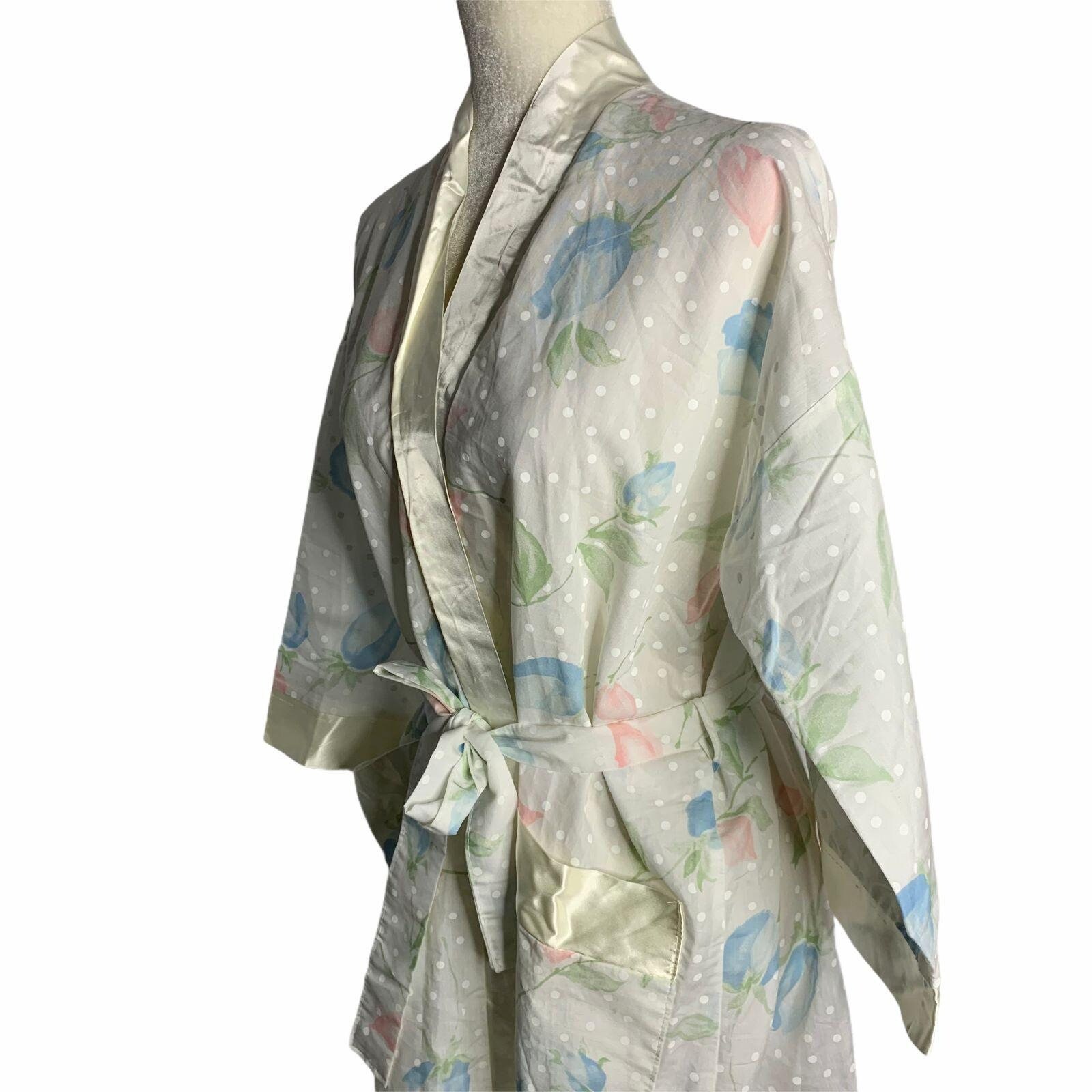 Vintage Long Floral Belted Robe S White Polka Dots Satin Trim | Etsy