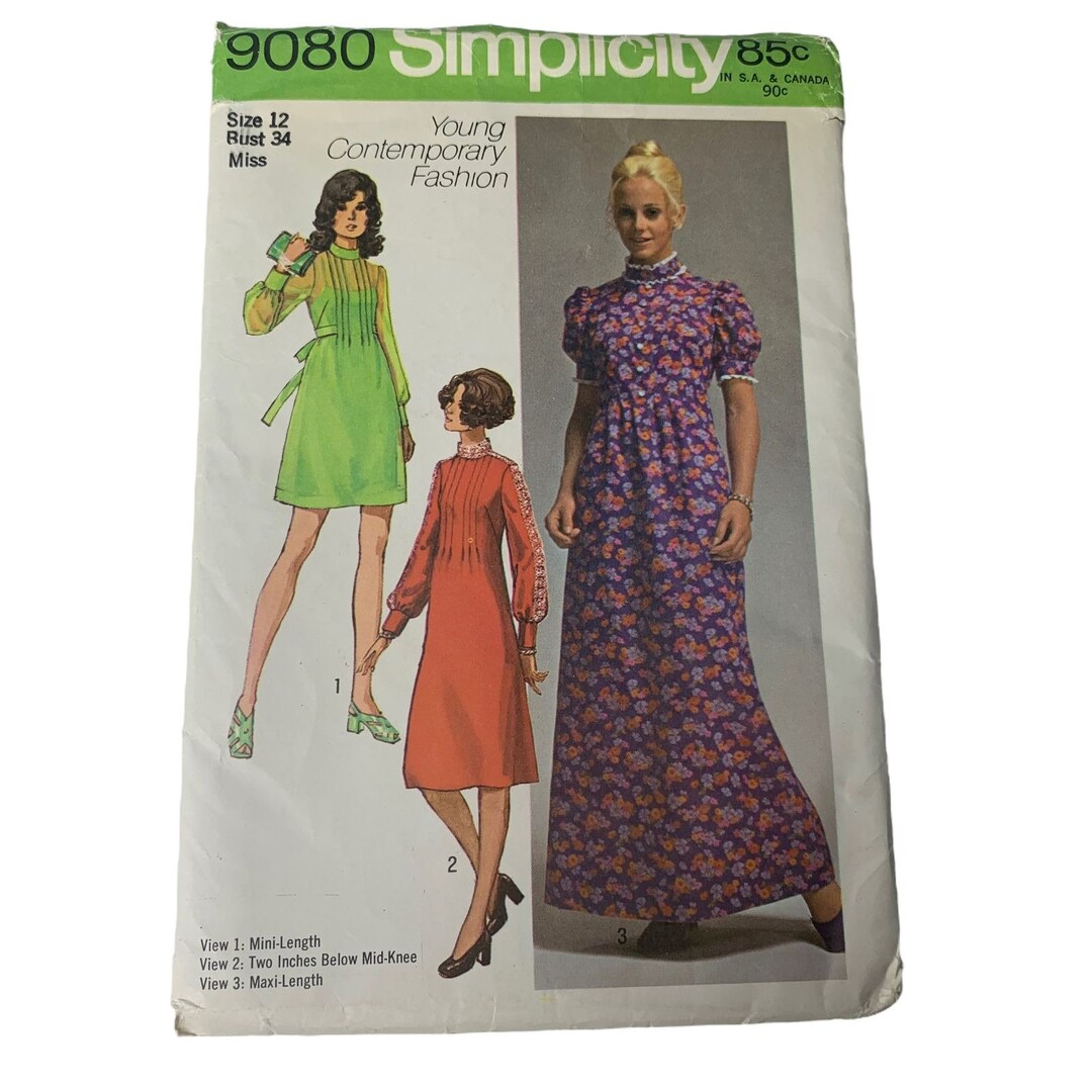 Vintage 70s Simplicity 9080 Pattern Junior Misses 5-16 Dress Three ...