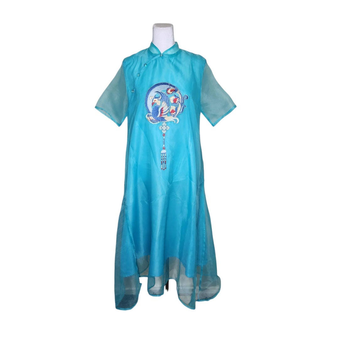 Vintage Chinese Sheer Short Sleeve Embroidered Dress Womens Size L ...