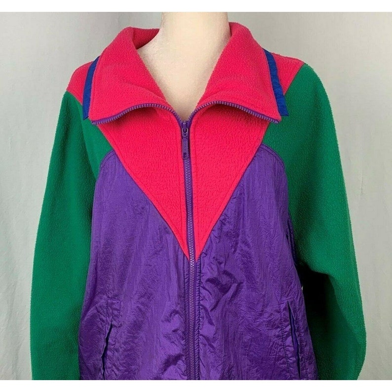 Vintage 80s Fleece Nylon Full Zip L Jacket Color Block Pink Green ...