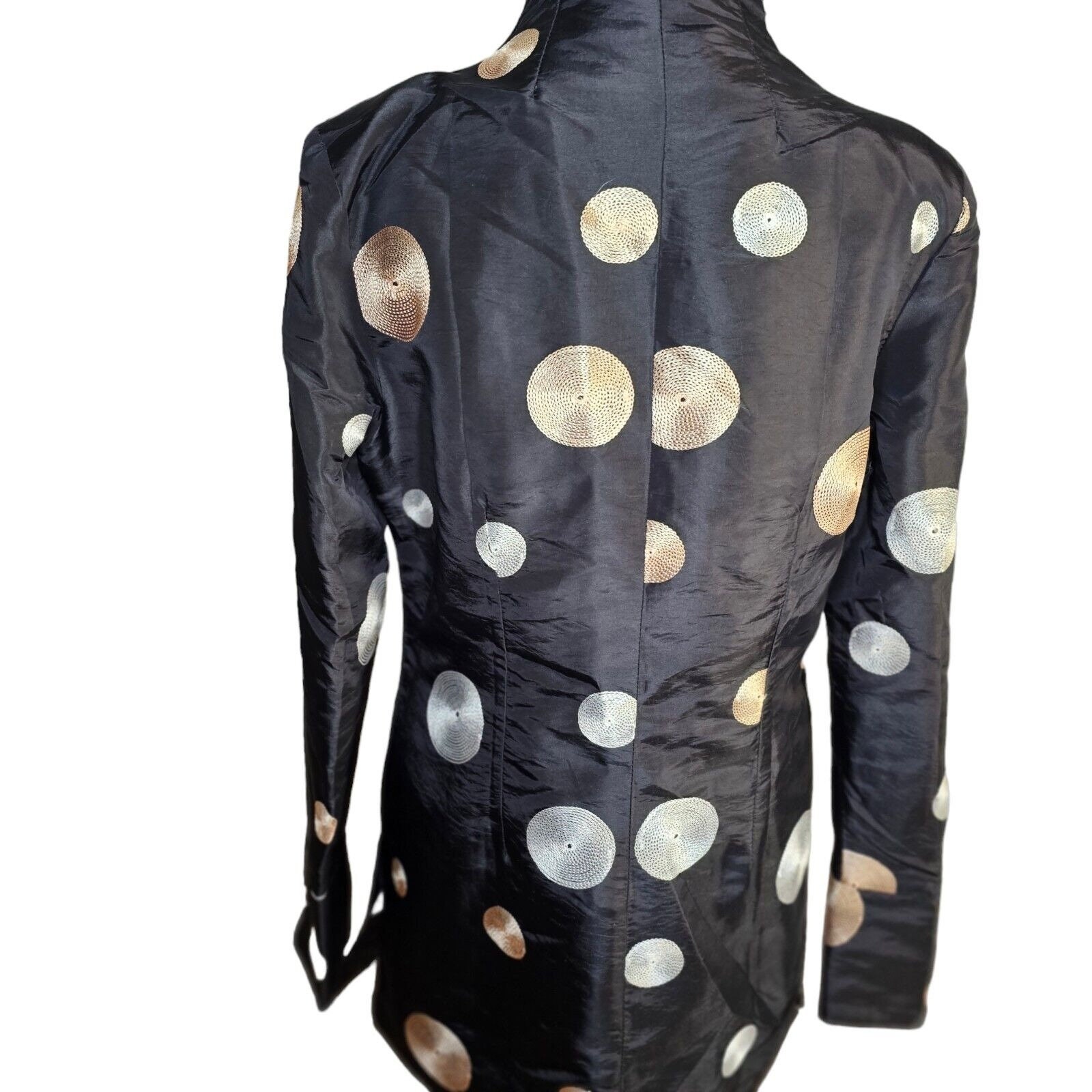 Vintage 90s Chinese Silk Jacket Womens Size M Black Gold Silver Coins ...