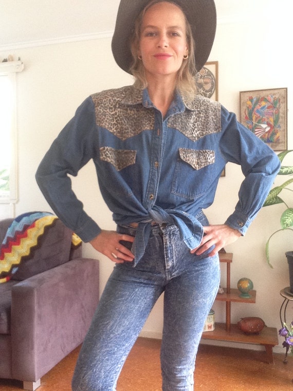 80s Vintage Country Western Denim Leopard Print // Co… - Gem