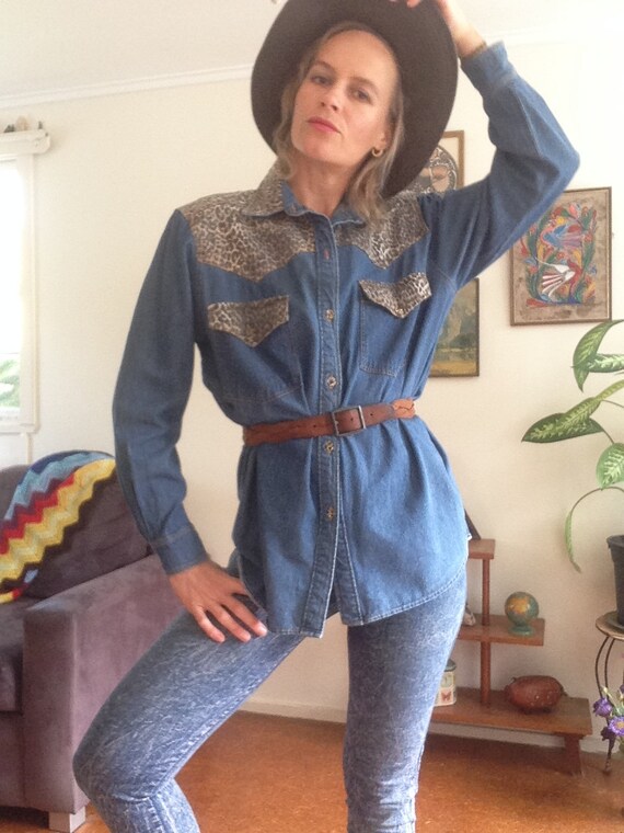 80s Vintage Country Western Denim Leopard Print // Co… - Gem