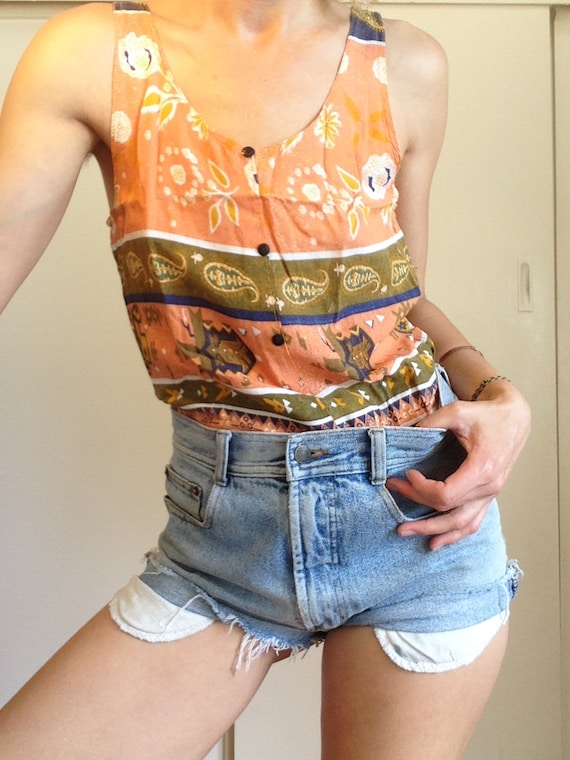 80s/90s Bohemian Tribal Earthy Singlet // Vintage Cro… - Gem