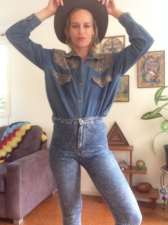 80s Vintage Country Western Denim Leopard Print // Co… - Gem