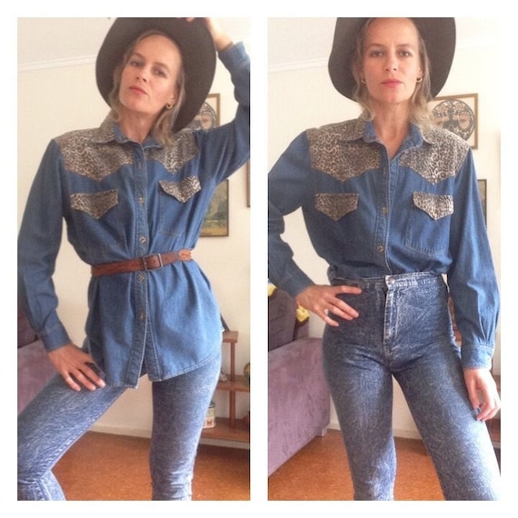 80s Vintage Country Western Denim Leopard Print // Co… - Gem