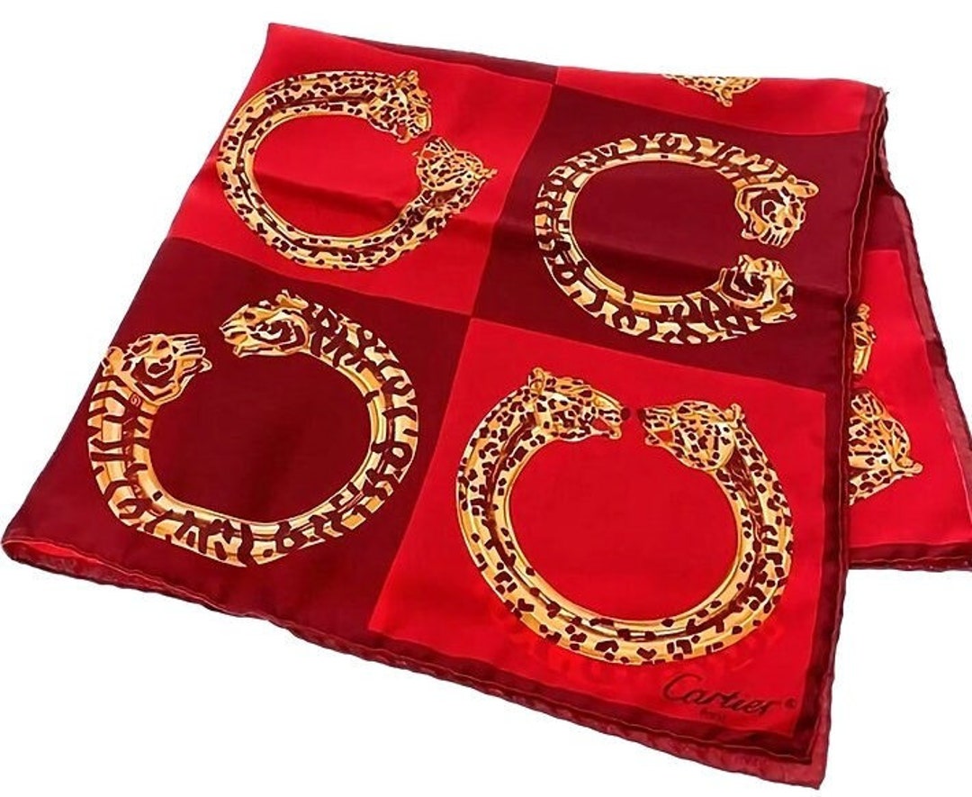 Vintage Cartier Seidenschal, Rot und Gold Panther Armband Motiv mit ...