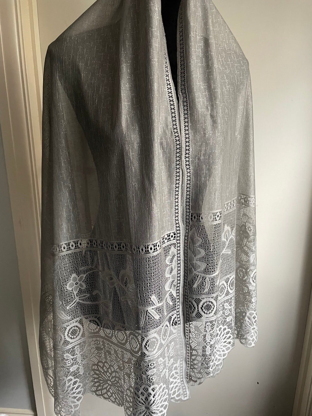Shawl Scarf Scarves Wrap Cover up Fichu Silver Grey Flower Lace Crochet ...