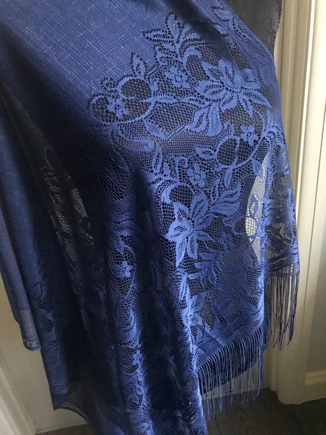 Shawl Scarf Scarves Wrap Cover up Fichu Navy Blue Flower Lace Crochet ...