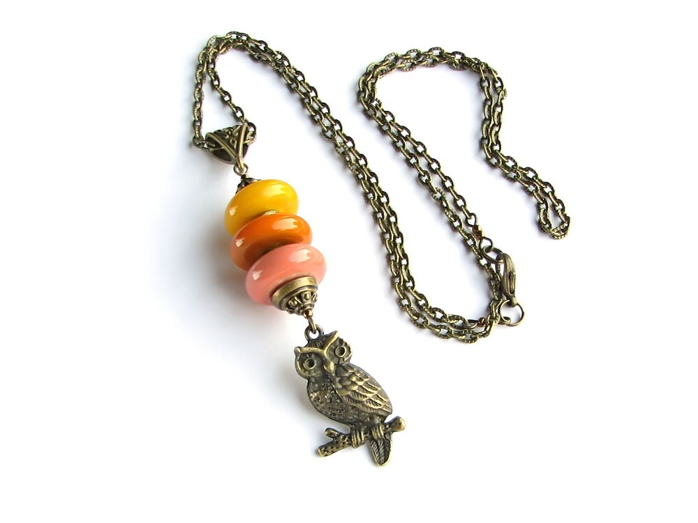 Autumn Owl Pendant Fall Necklace on Brass Color Chain With - Etsy