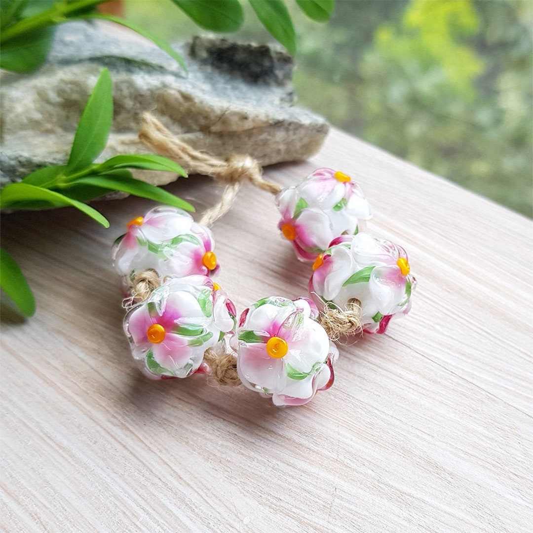 Made to Order 5pcs 17 Mm White Pink Lampwork Flower Glass Beads ...