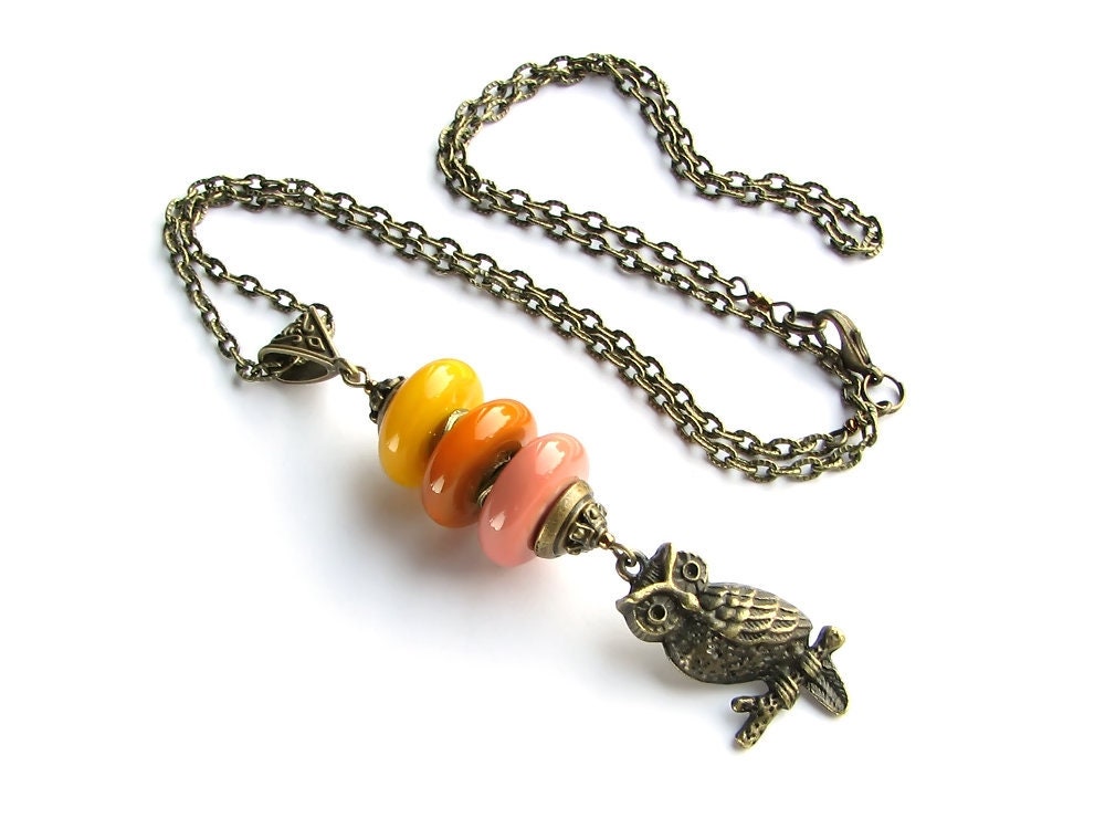 Autumn Owl Pendant Fall Necklace on Brass Color Chain With - Etsy