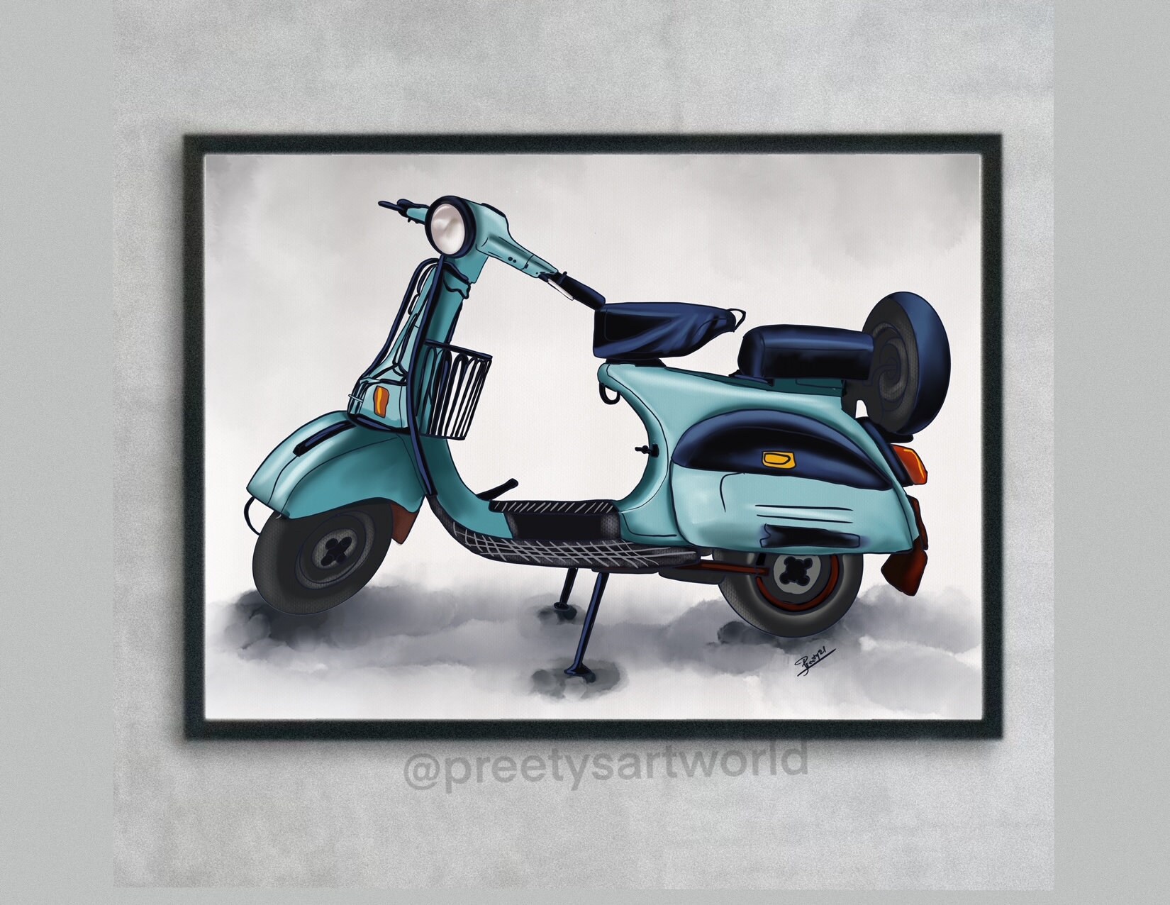 Vintage Blue Motor Scooter Poster Wall Art I Handdrawn Digital ...