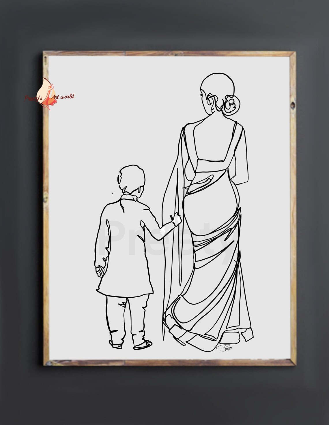 Mom in Saree & Son in Kurta Indian Line Art on Light Gray - Etsy