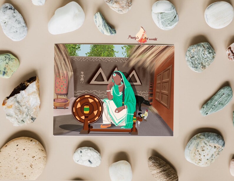 Punjabi Women in Suit Spinning the Charkha Art Print, Indian Ethnic ...