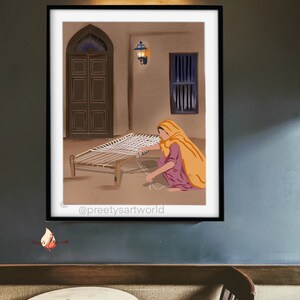 Punjabi Women Making Manja Art Illustration Print Living Room Indian ...