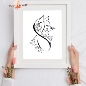 Cat Infinity Flowers Line Art Poster I Minimal Decor I Minimal Cat ...