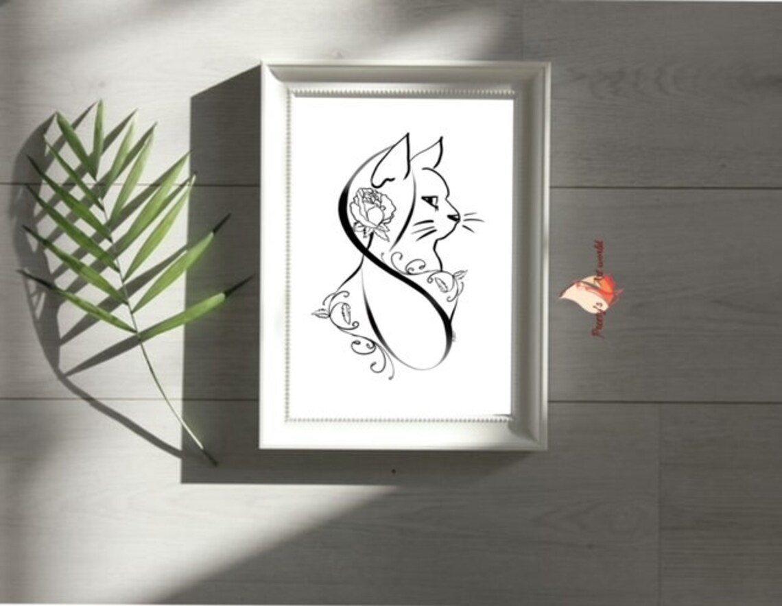 Cat Infinity Flowers Line Art Poster I Minimal Decor I Minimal Cat ...