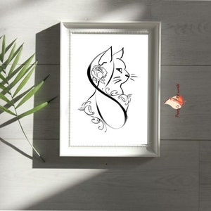 Cat Infinity Flowers Line Art Poster I Minimal Decor I Minimal Cat ...