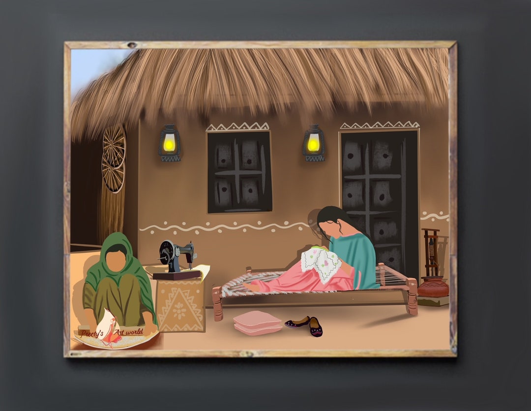Punjabi Girl Sewing Clothes Art Print I Indian Ethnic Home Décor I ...