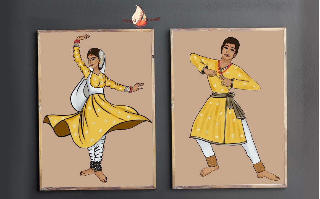 Set of 2 Kathak Male & Female Dancer Art Illustration Poster Print I ...