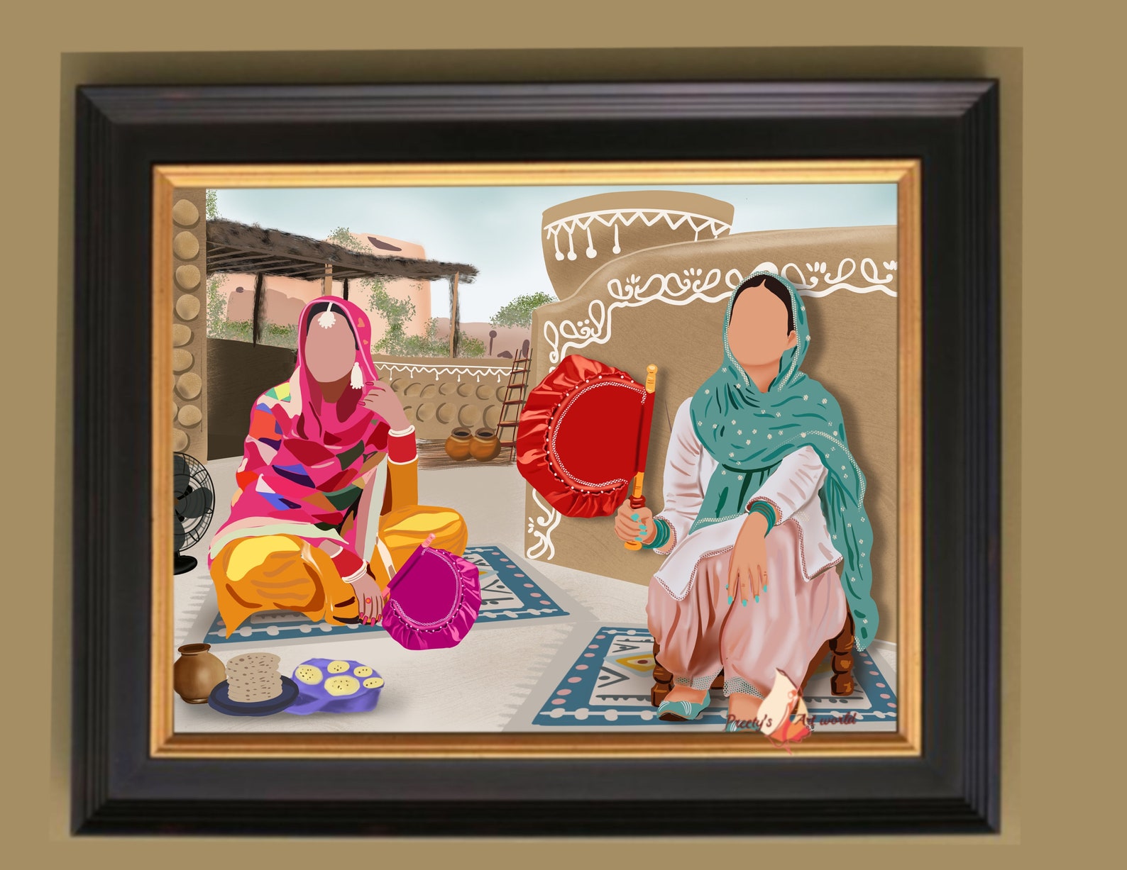 Sikh Women With Punjabi Pakhi Hand Fan Art Poster Print I Indian Home ...
