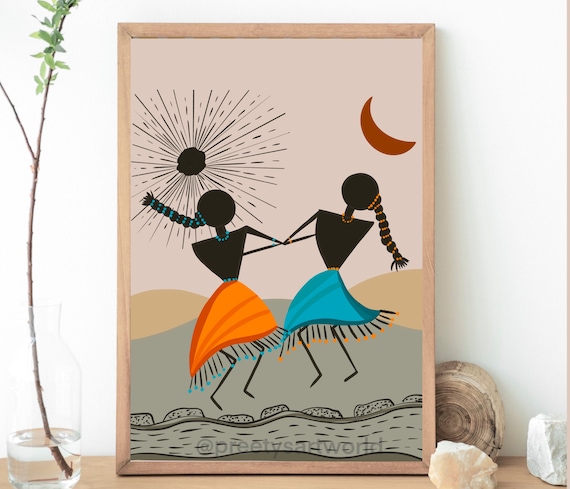 Warli Girls Playing Figure Wall Art Handmade Indian Traditional Ethnic Home Decor Village Life Mid Century Minimalist Modern Art Etsy