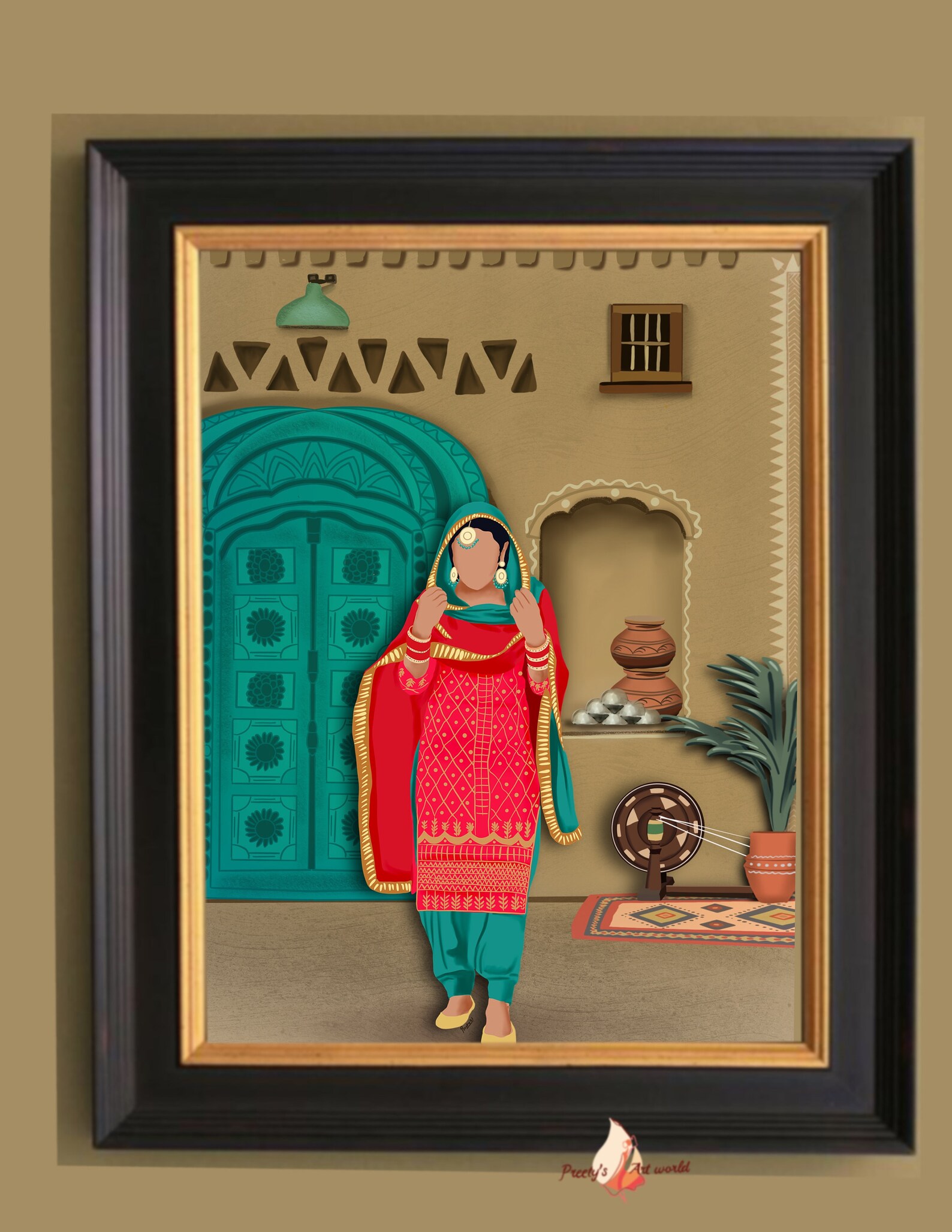 Punjabi Bride in Green & Red Suit Art Print I Sikh Sabhayachaar Art ...