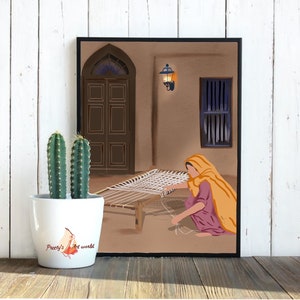 Punjabi Women Making Manja Art Illustration Print Living Room Indian ...