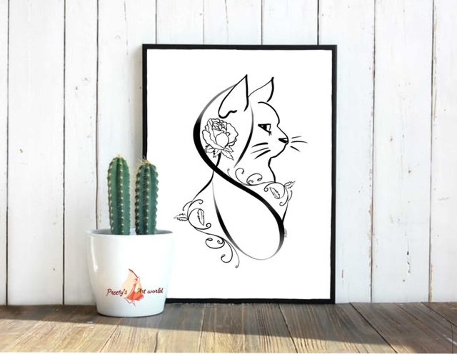 Cat Infinity Flowers Line Art Poster I Minimal Decor I Minimal Cat ...
