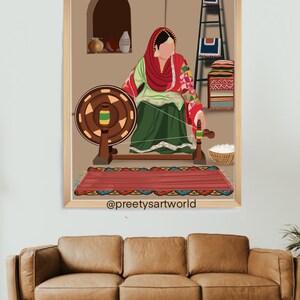 Punjabi Women Spinning the Charkha in Phulkari Art Print, Indian Ethnic ...