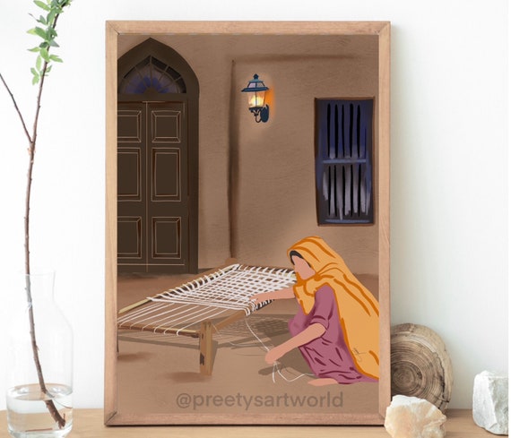Punjabi Women Making Manja Art Illustration Print Living Room | Etsy
