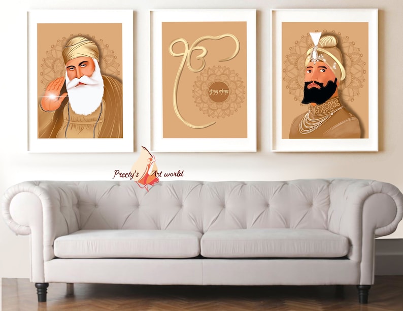 Set of 3 Golden Borwn Guru Nanak Ji , Guru Gobind Singh Ji & Ek Onkar ...