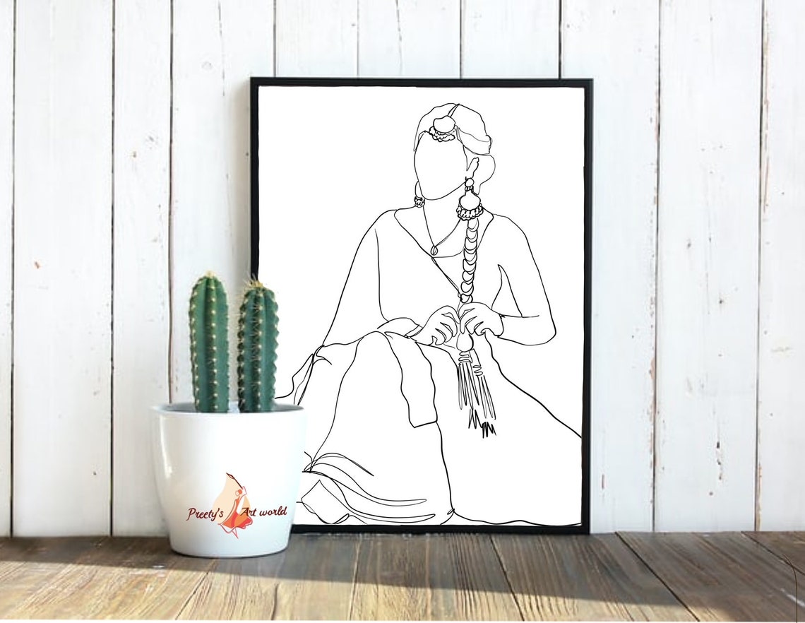 Minimalist Punjaban Making Braid Line Art | Woman Line Drawing ...