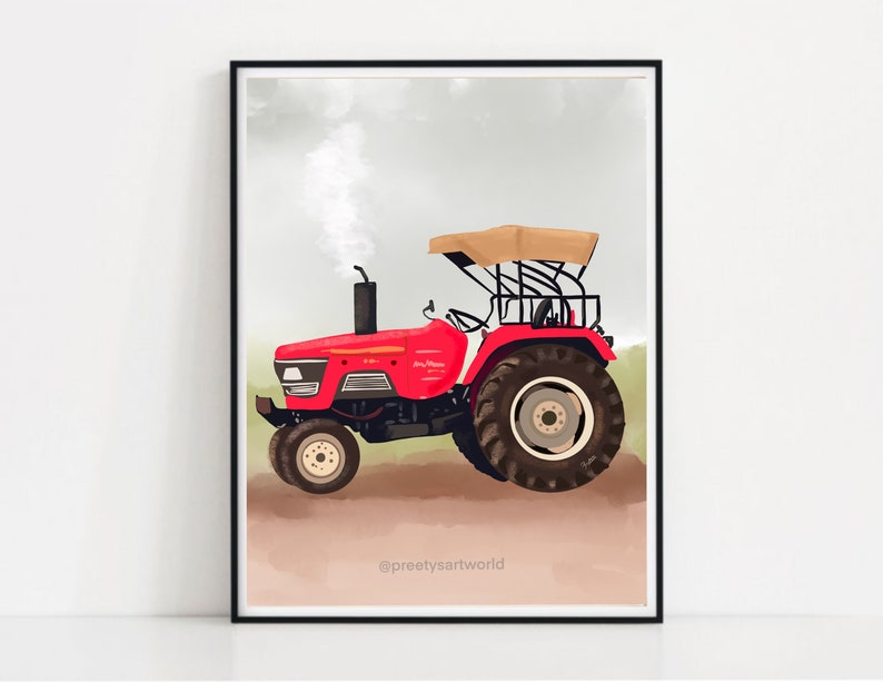 Indian Red Tractor Poster Art Wall Decor I Indian Painting I | Etsy