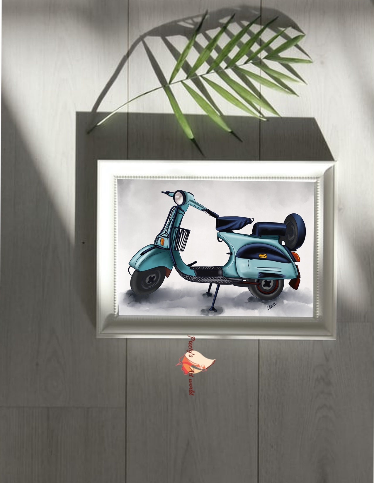 Vintage Blue Motor Scooter Poster Wall Art I Handdrawn Digital ...