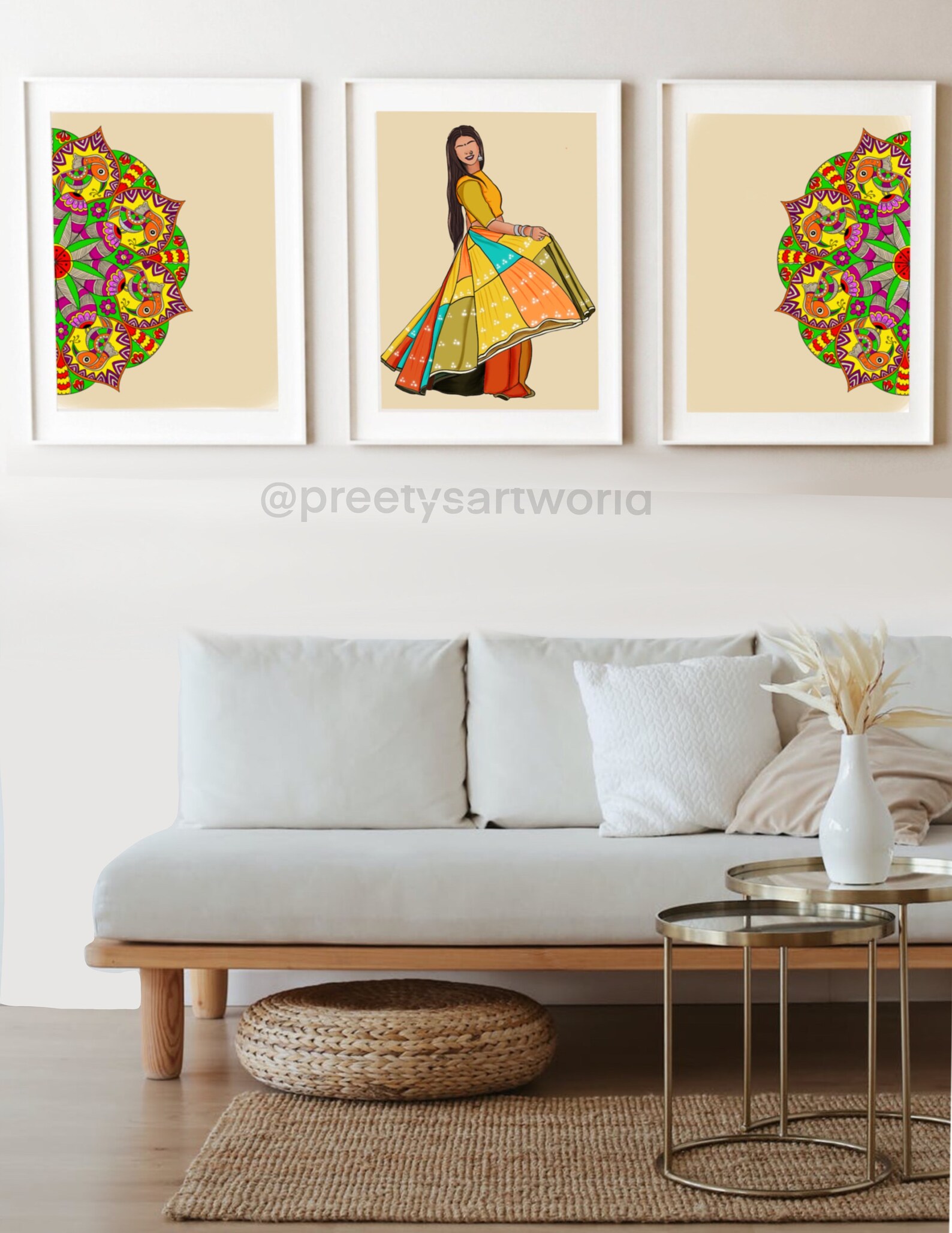 Set Of 3 Dancing Indian Girl Mandala Color Art Illustration I | Etsy