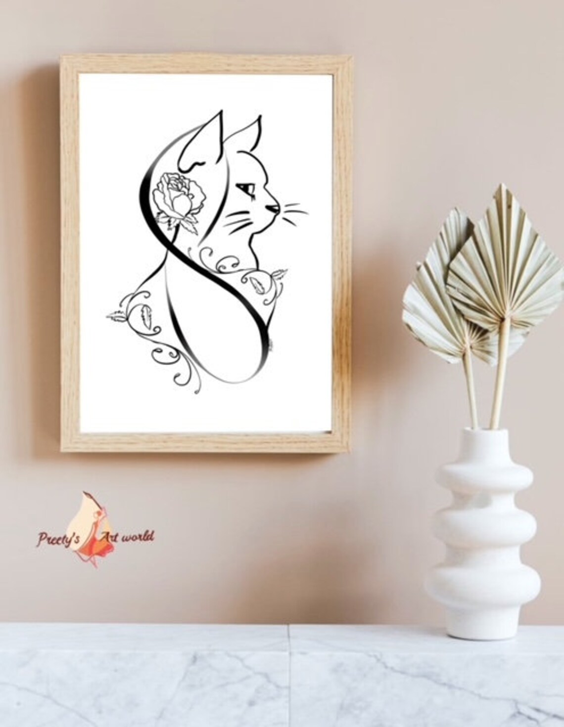 Cat Infinity Flowers Line Art Poster I Minimal Decor I Minimal Cat ...