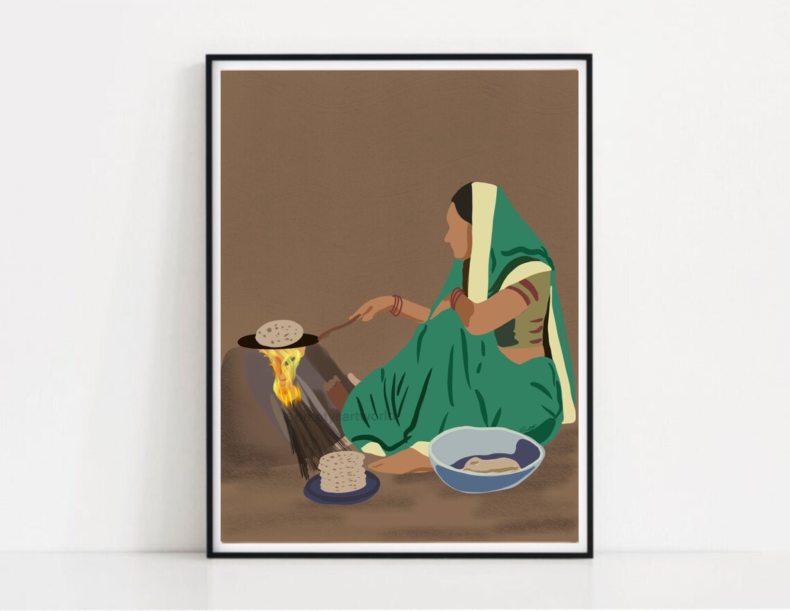 Indian Mom in Saree Cooking Roti I Grandma Mom Poster Print | Etsy