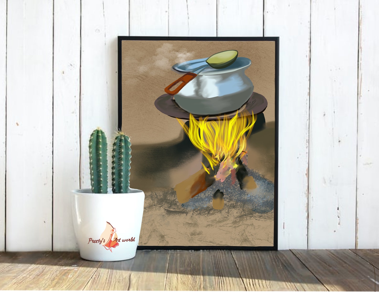 Indian Village Cooking Art Illustration I Kitchen Wall Art I Kitchen ...