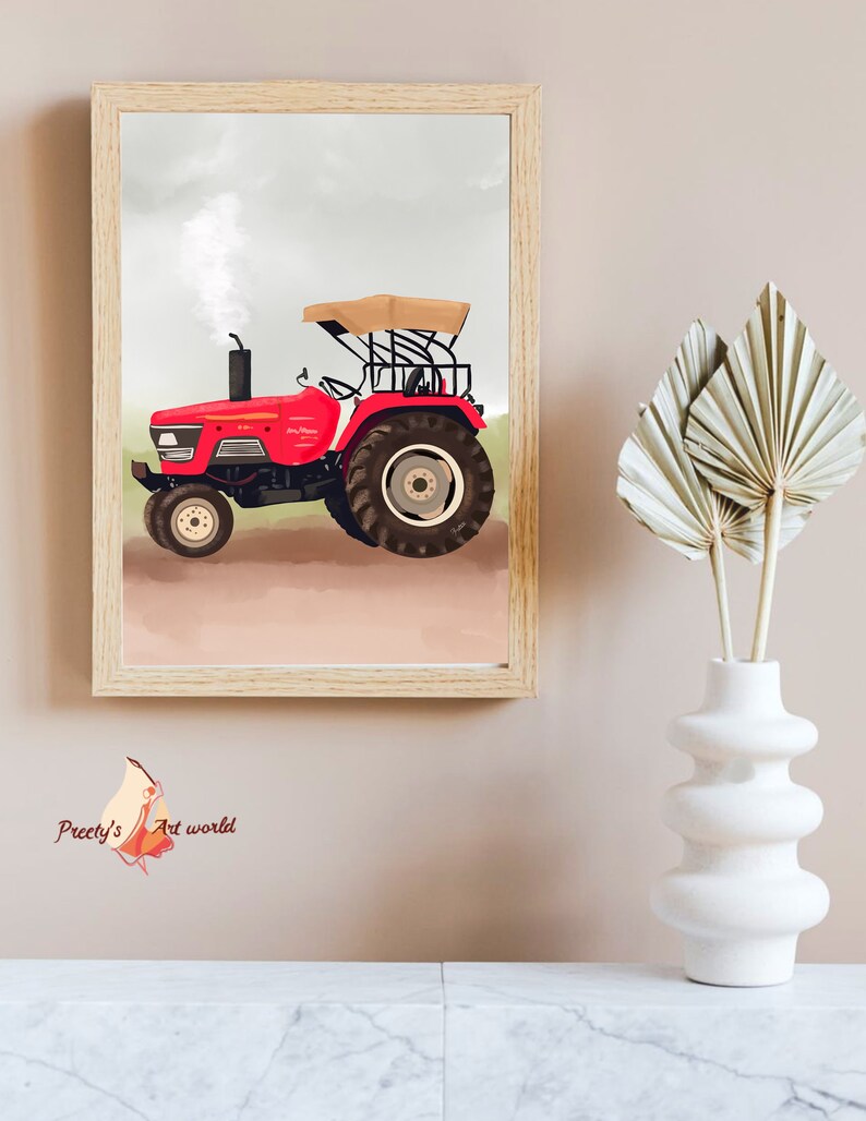 Indian Red Tractor Poster Art Wall Decor I Indian Painting I | Etsy