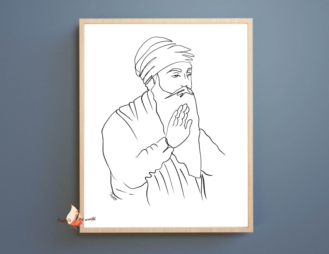 Guru Arjan Dev Ji Sikh Guru Line Art Illustration Print I Sikh God Wall ...